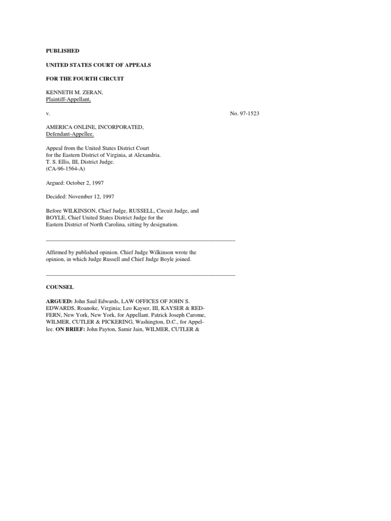 Zeran v. America Online Inc, 4th Cir. (1997) | PDF | Defamation ...