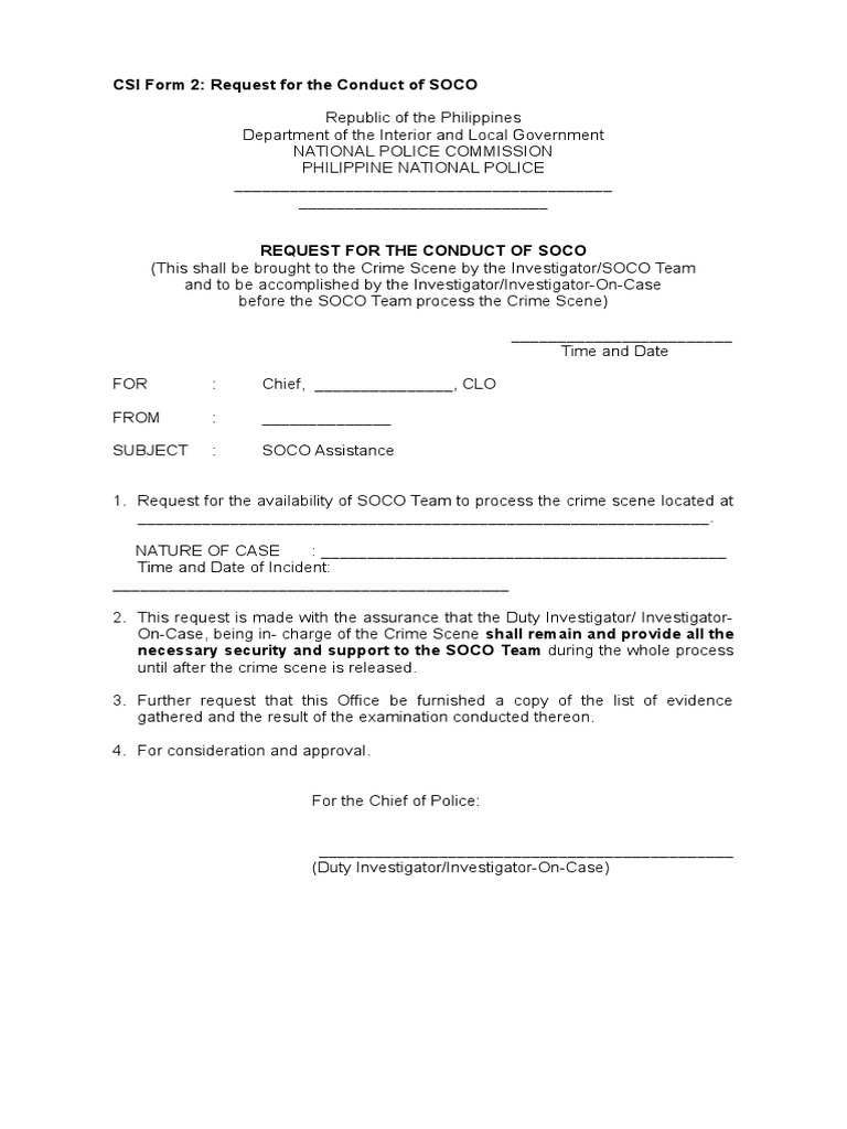 CSI Form 2 Request For The Conduct of SOCO