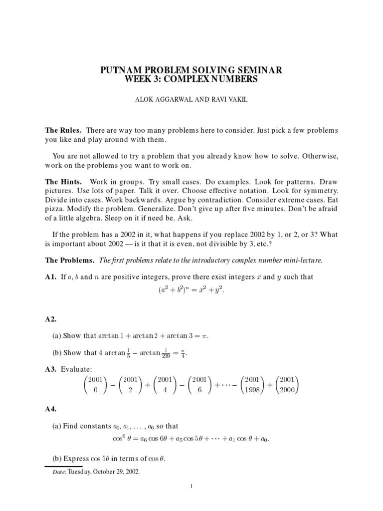Putnam Problem Solving Seminar Week 3: Complex Numbers: The Rules | PDF | Triangle | Circle