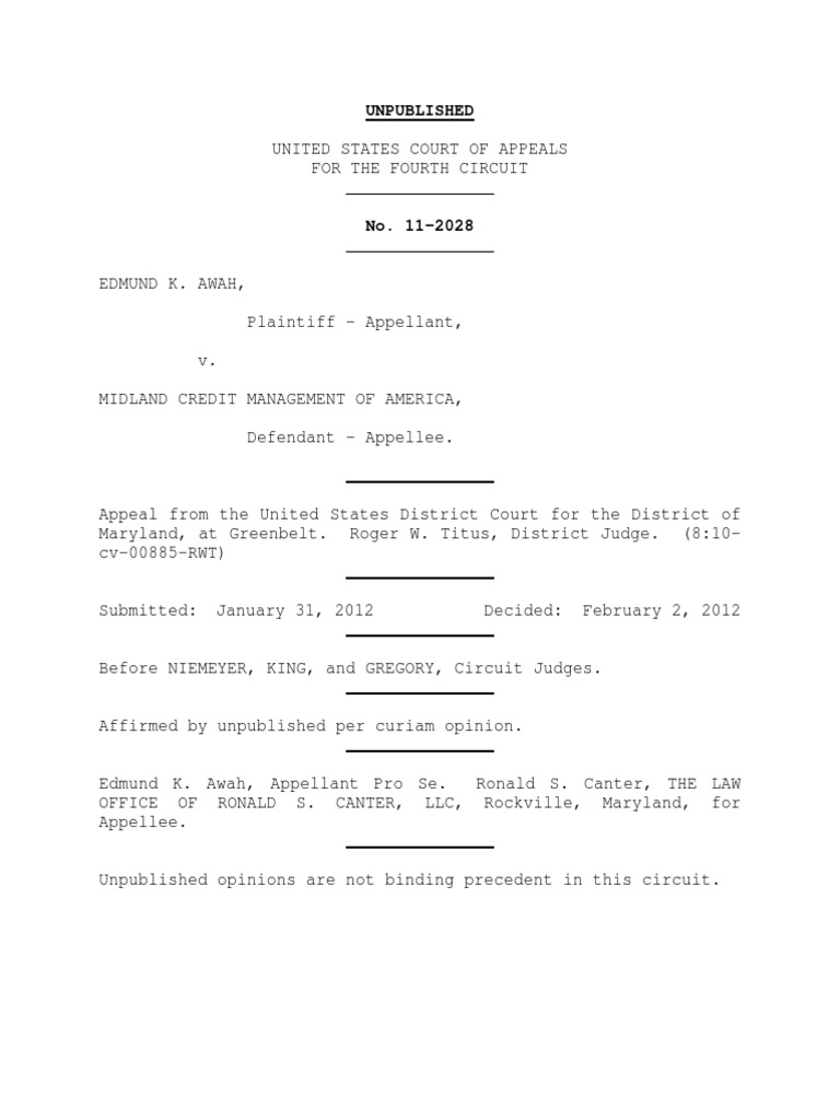 Edmund Awah v. Midland Credit Management, 4th Cir. (2012) | PDF