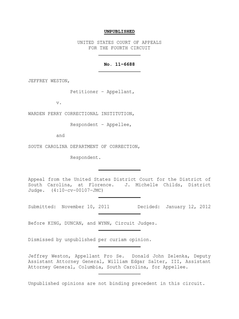 Jeffrey Weston v. Warden Perry Correctional, 4th Cir. (2012) | PDF ...