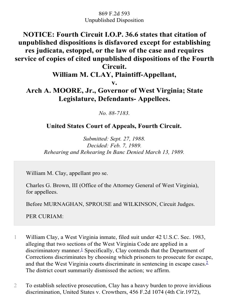 William M. Clay v. Arch A. Moore, JR., Governor of West Virginia State ...