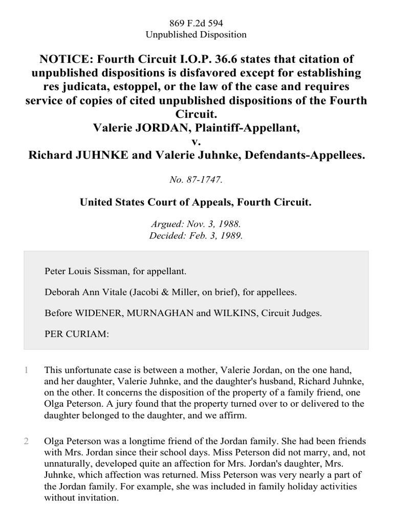 Valerie Jordan v. Richard Juhnke and Valerie Juhnke, 869 F.2d 594, 4th Cir. (1989) | PDF ...