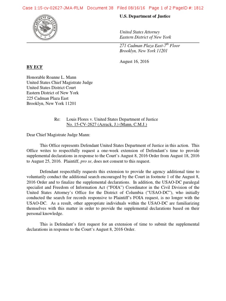 2016-08-16 DOJ - Motion For Extension of Time To Comply With Court Order (Flores V DOJ) | PDF