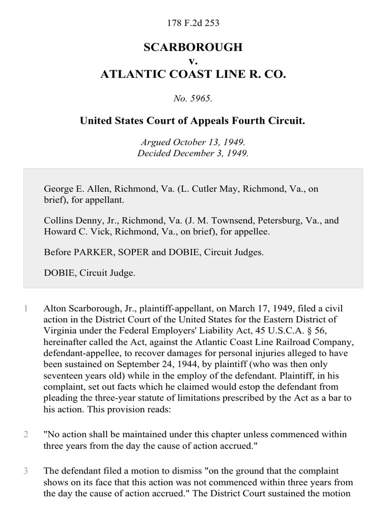 Scarborough v. Atlantic Coast Line R. Co, 178 F.2d 253, 4th Cir. (1949 ...