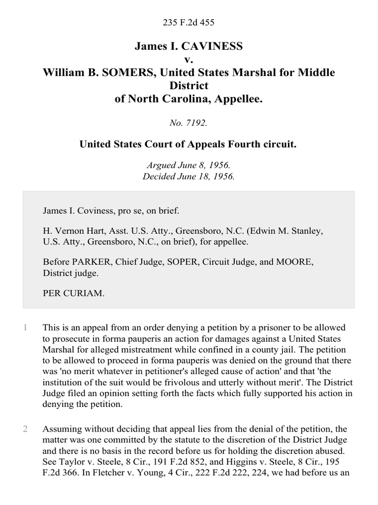 James I. Caviness v. William B. Somers, United States Marshal For ...