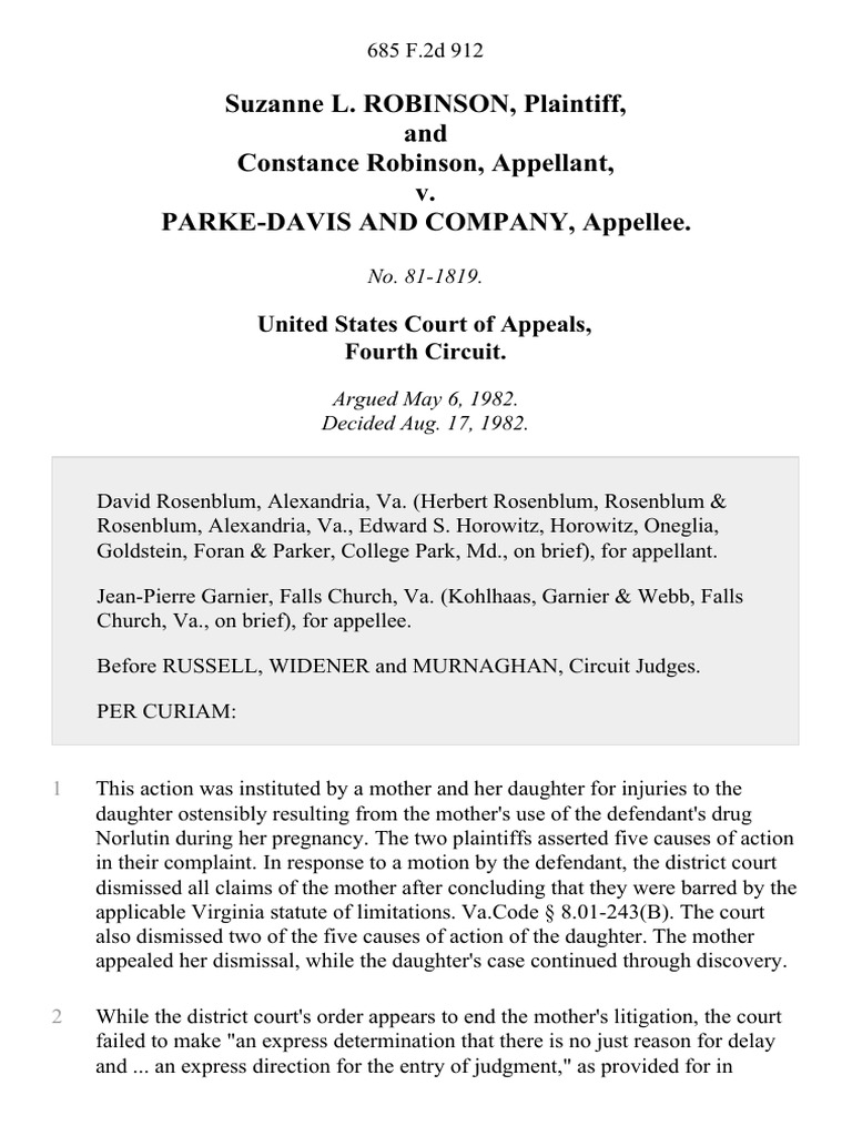Suzanne L. Robinson, and Constance Robinson v. Parke-Davis and Company ...