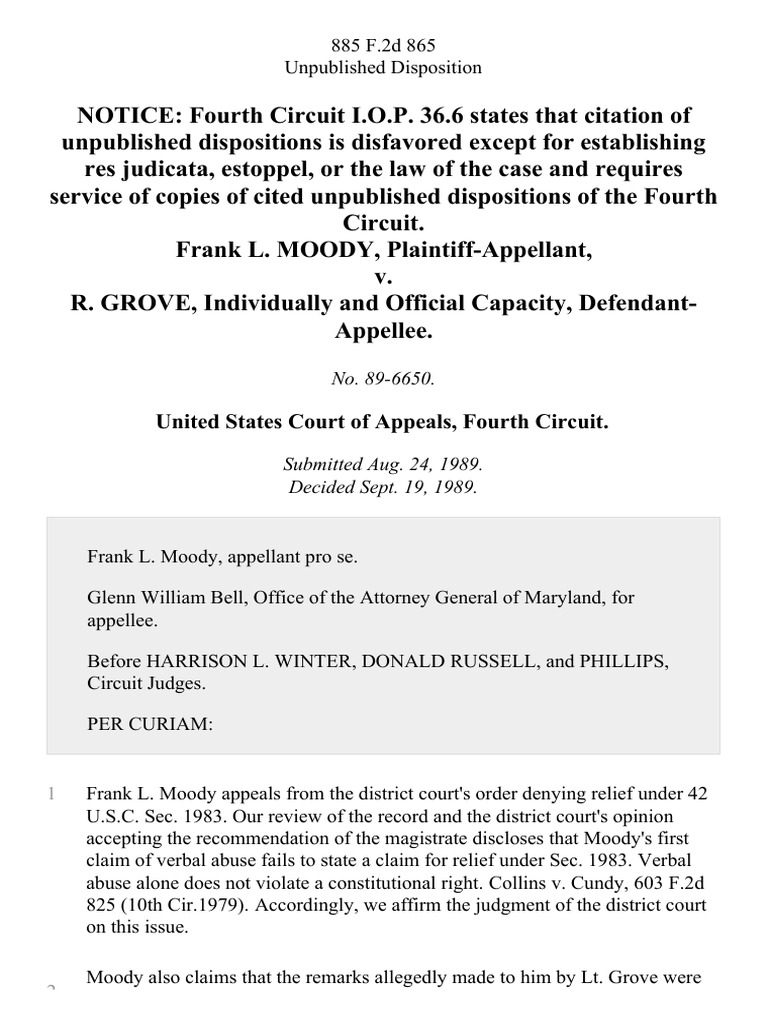 Frank L. Moody v. R. Grove, Individually and Official Capacity, 885 F ...