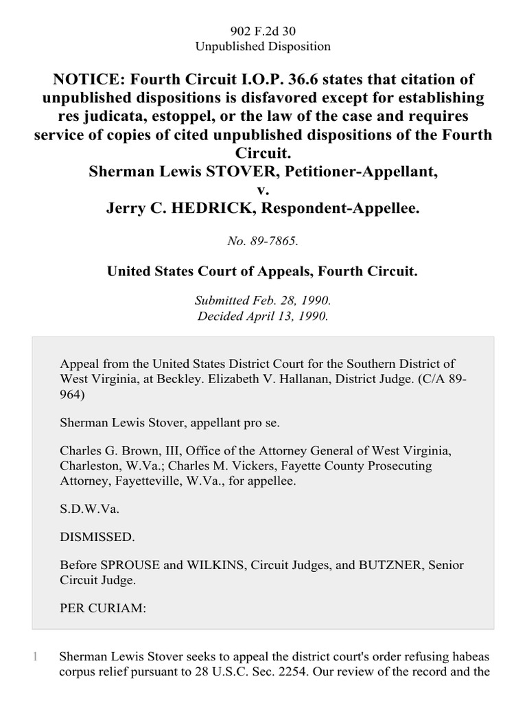 Sherman Lewis Stover v. Jerry C. Hedrick, 902 F.2d 30, 4th Cir. (1990 ...