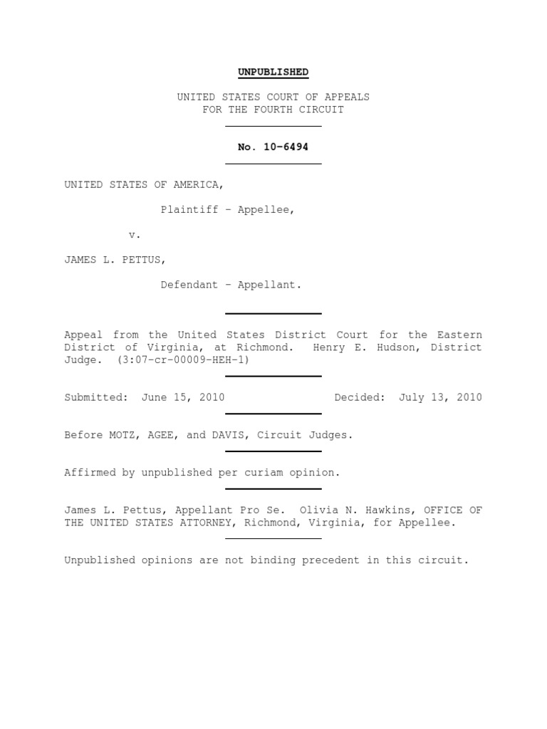 Pettus v. USA: Appeal Affirmed on Sentencing | PDF