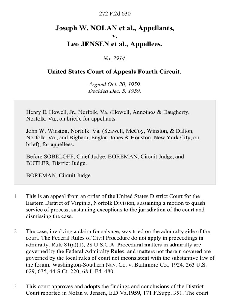 Joseph W. Nolan v. Leo Jensen, 272 F.2d 630, 4th Cir. (1959) | PDF ...