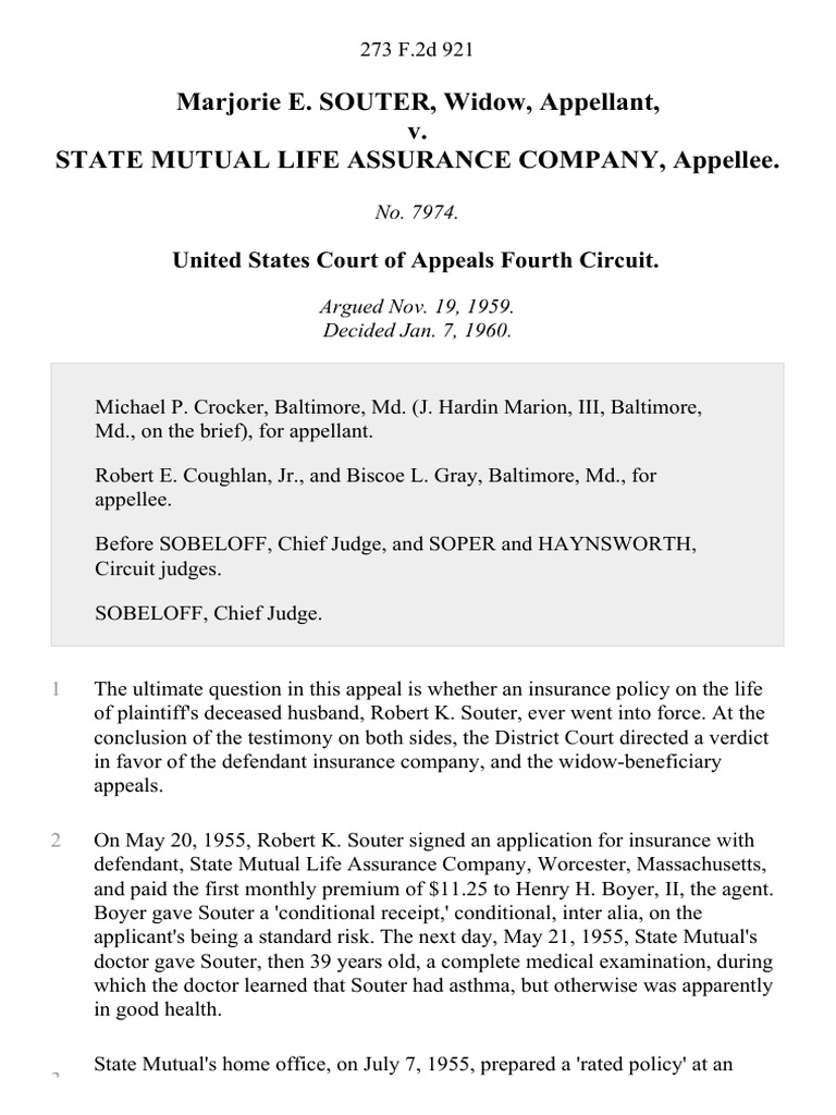 Marjorie E. Souter, Widow v. State Mutual Life Assurance Company, 273 F ...