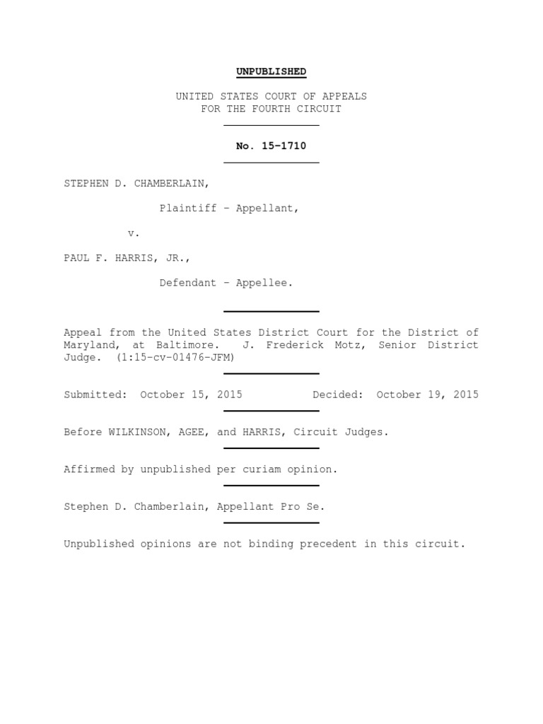 Stephen Chamberlain v. Paul Harris, JR., 4th Cir. (2015) | PDF