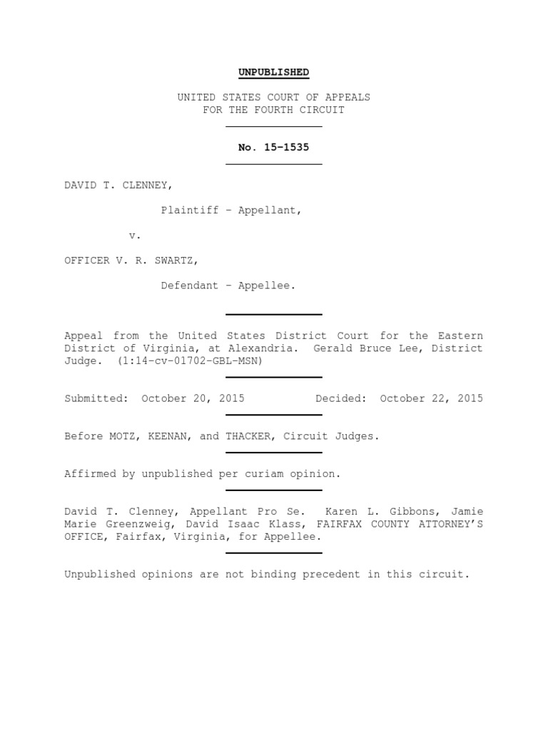 David Clenney v. v. Swartz, 4th Cir. (2015) | PDF