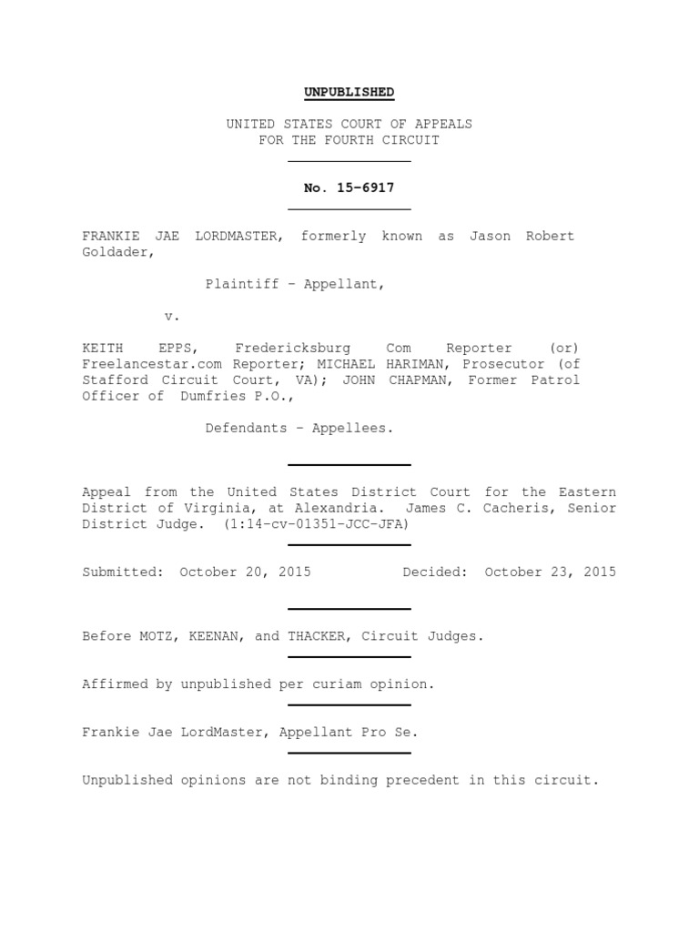 Frankie LordMaster v. Keith Epps, 4th Cir. (2015) | PDF | Politics ...