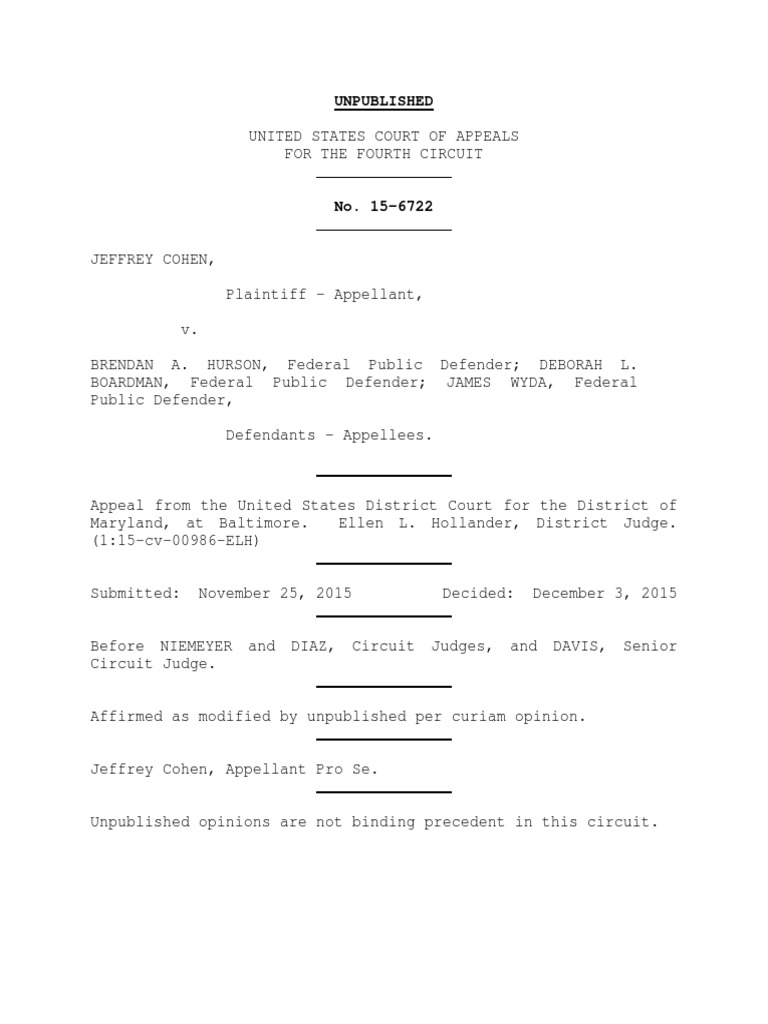Jeffrey Cohen v. Brendan Hurson, 4th Cir. (2015) | PDF | Diversity ...