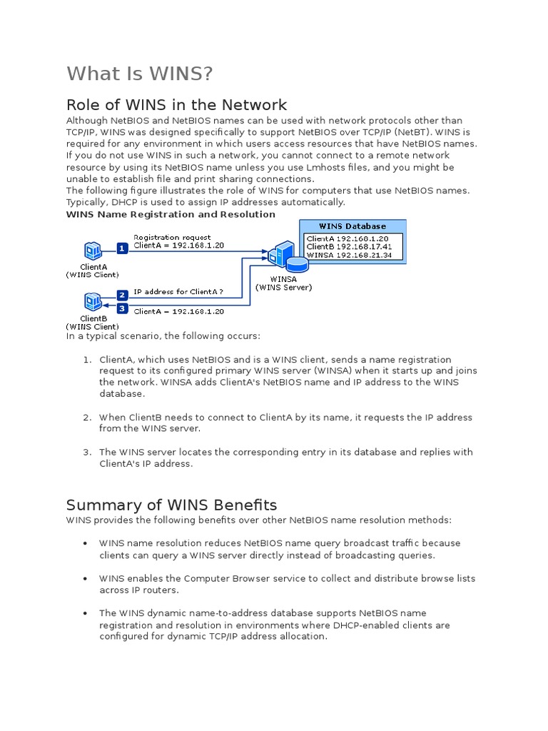What Is WINS?: Role of WINS in The Network | PDF