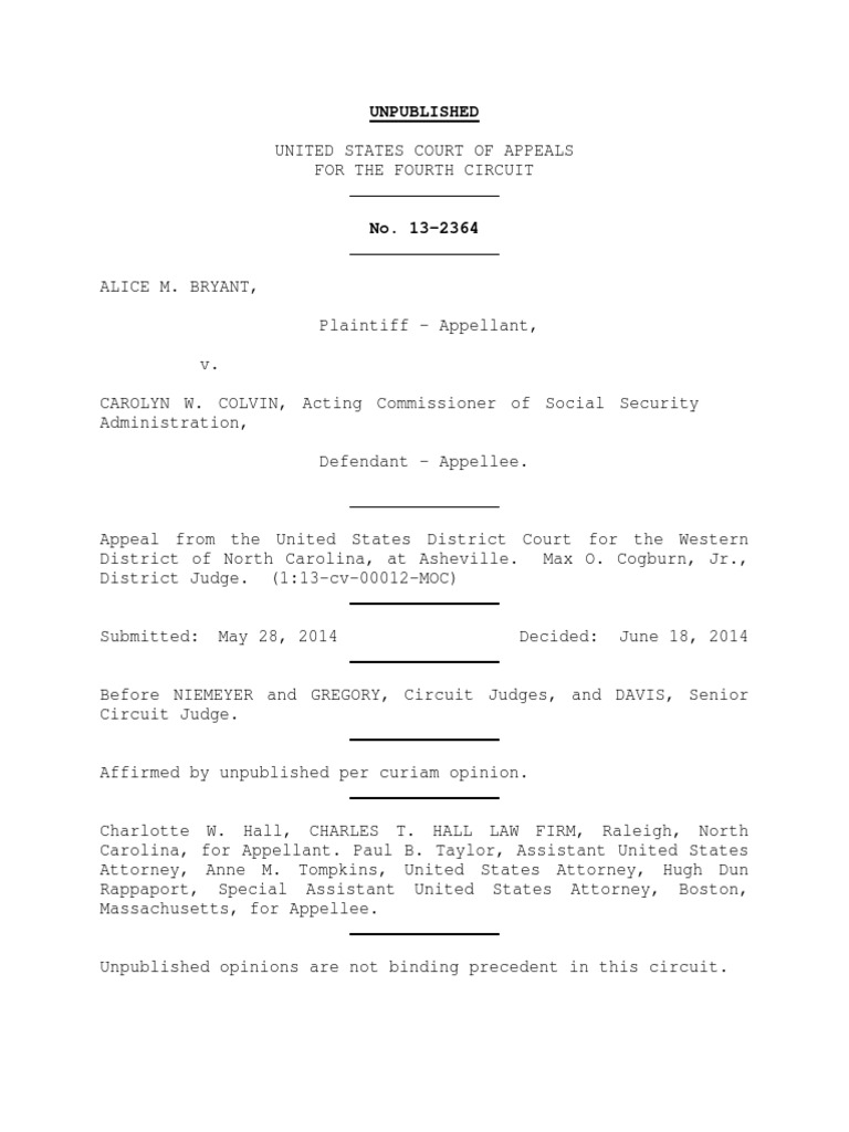 Alice Bryant v. Carolyn Colvin, 4th Cir. (2014) | PDF