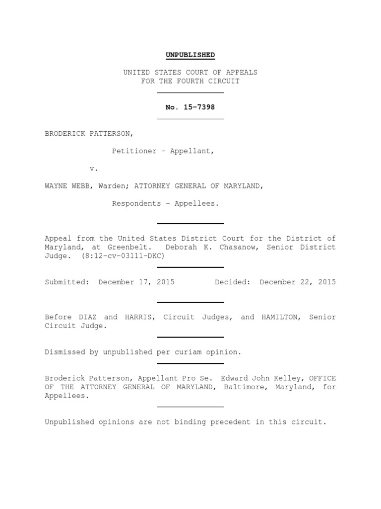 Broderick Patterson v. Wayne Webb, 4th Cir. (2015) | PDF | Politics | Law
