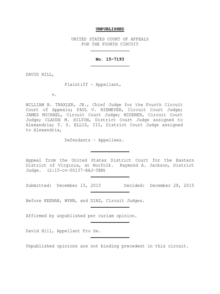 David Hill v. William Traxler, JR., 4th Cir. (2015) | PDF | Social Science