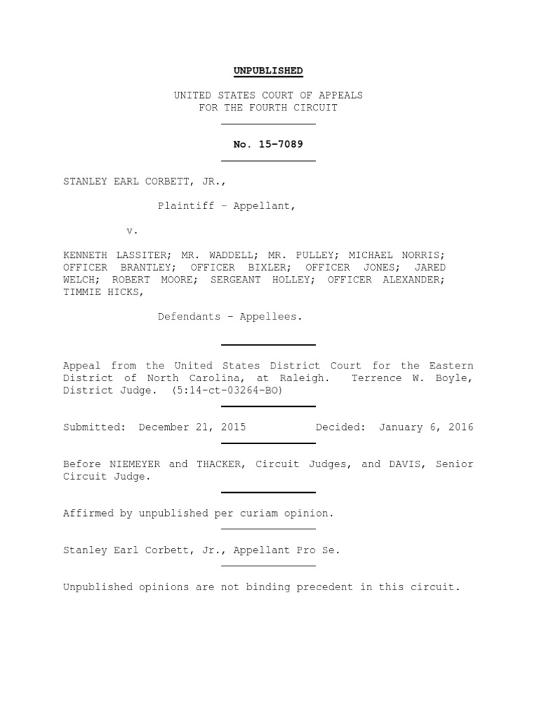 Stanley Corbett, Jr. v. Kenneth Lassiter, 4th Cir. (2016) | PDF | Politics