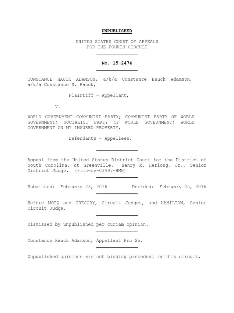 Constance Adamson v. World Government Communist Party, 4th Cir. (2016 ...