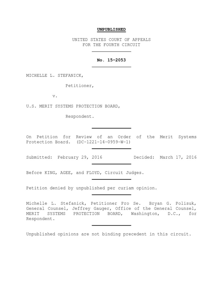 Michelle Stefanick v. MSPB, 4th Cir. (2016) | PDF | Social Science | Law