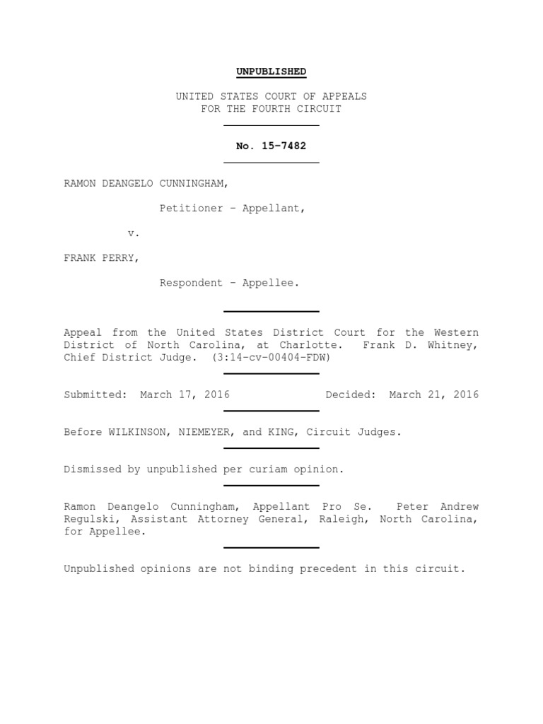 Ramon Cunningham v. Frank Perry, 4th Cir. (2016) | PDF | Politics ...