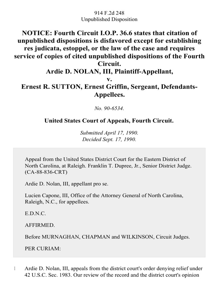 Ardie D. Nolan, III v. Ernest R. Sutton, Ernest Griffin, Sergeant, 914 ...