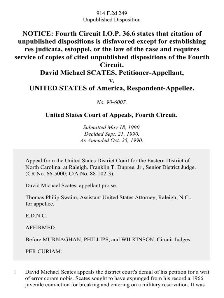 David Michael Scates v. United States, 914 F.2d 249, 4th Cir. (1990 ...