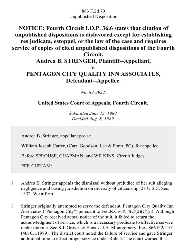 Andrea B. Stringer v. Pentagon City Quality Inn Associates, 883 F.2d 70 ...