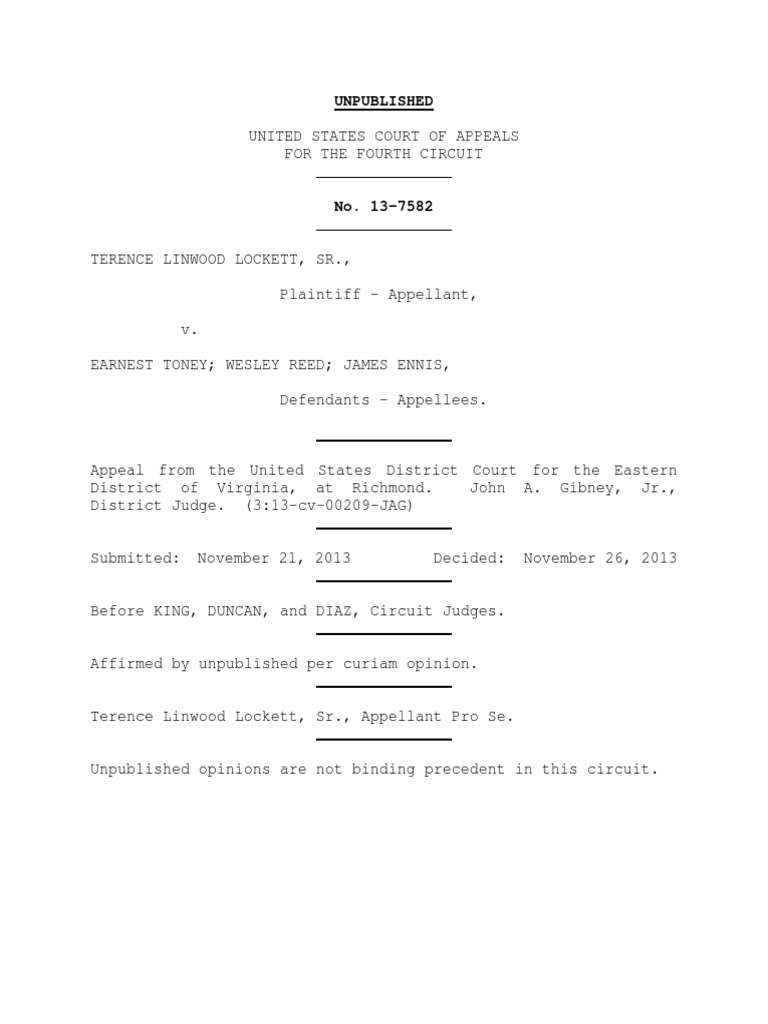 Terence Lockett, Sr. v. Earnest Toney, 4th Cir. (2013) | PDF | Supreme ...