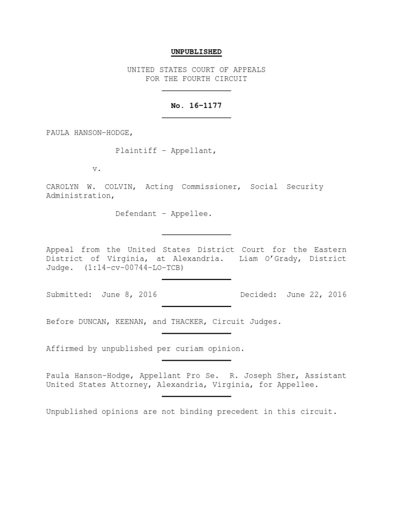 Paula Hanson-Hodge v. Carolyn Colvin, 4th Cir. (2016) | PDF