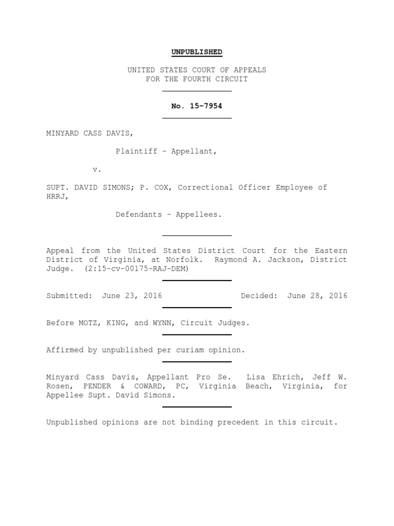 Minyard Davis v. David Simons, 4th Cir. (2016) | PDF | Politics | Law