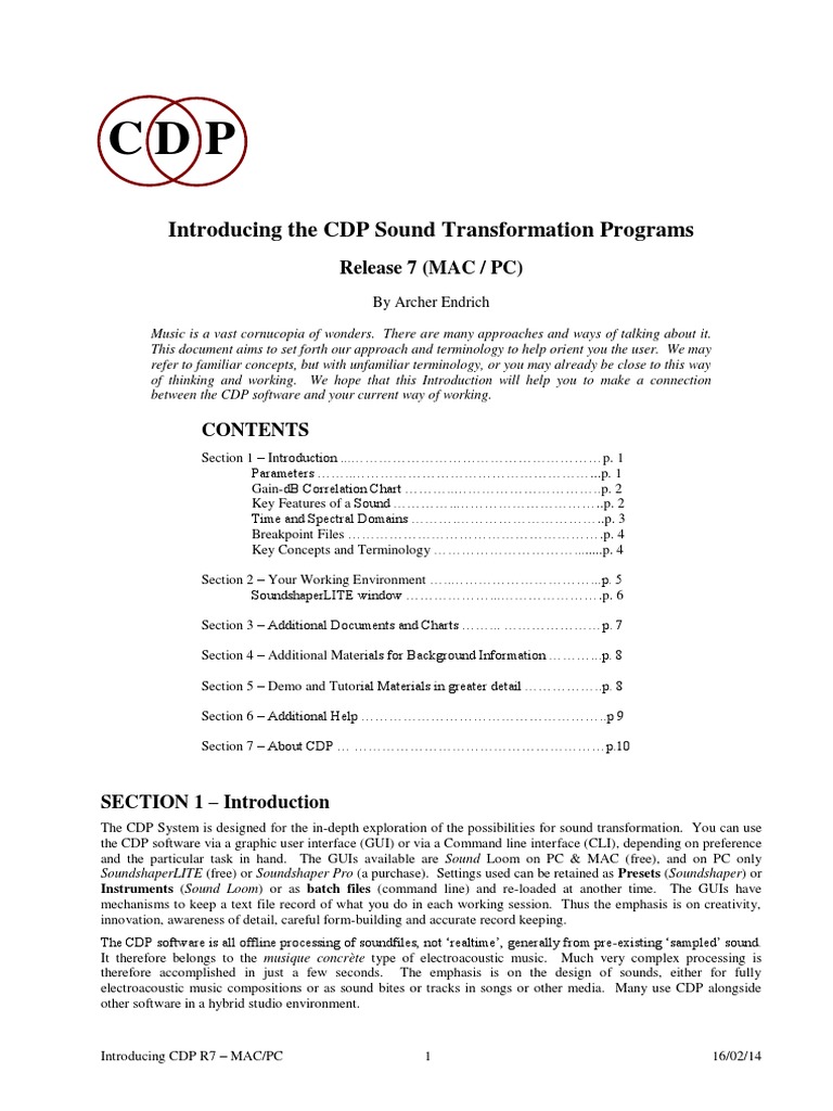 Introducing The CDP Sound Transformation Programs: Release 7 (MAC / PC ...