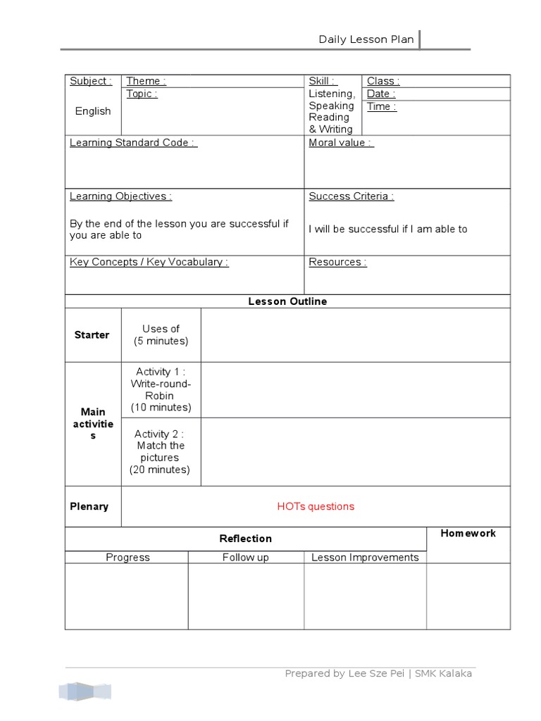 Lesson Outline Starter: Hots Questions | PDF