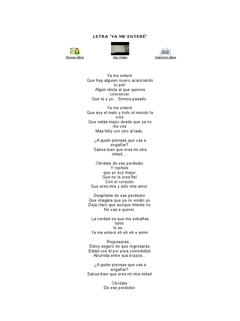 Letra 'Ya Me Enteré': Enviar Letra Ver Vídeo Imprimir Letra | PDF