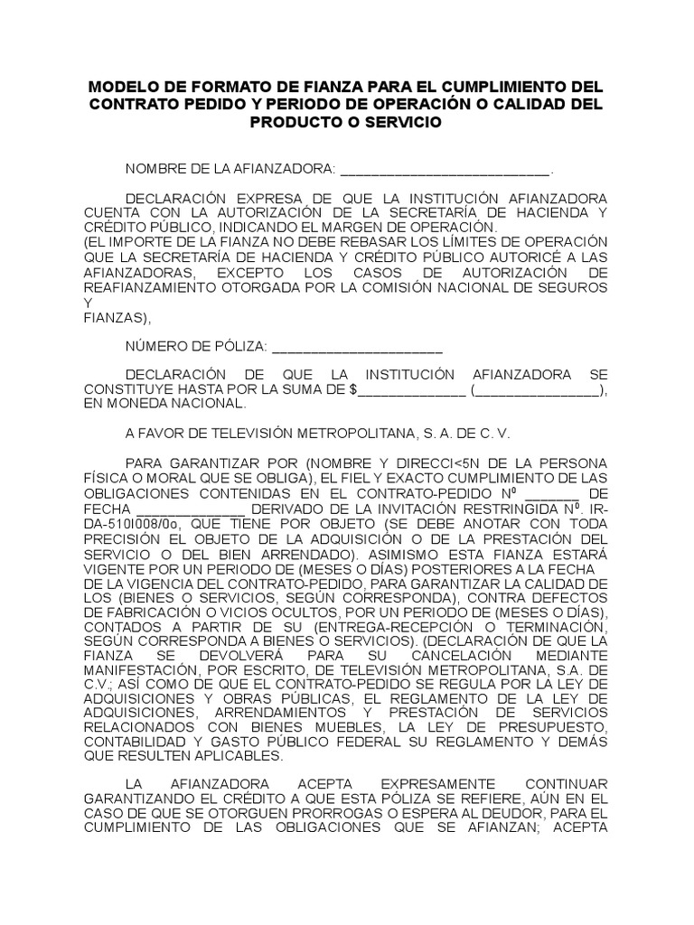 Modelo de Formato de Fianza para El Cumplimiento Del Contrato Pedido y Periodo de Operación o ...