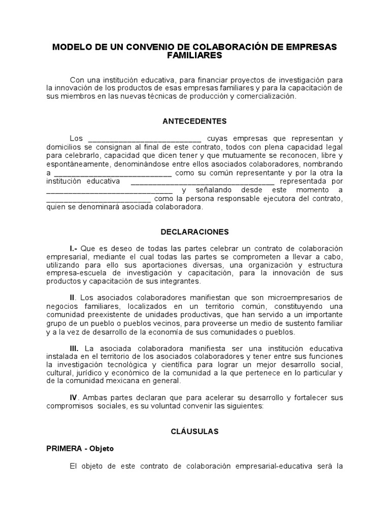 Modelo de Un Convenio de Colaboración de Empresas Familiares | Innovación | Pagos