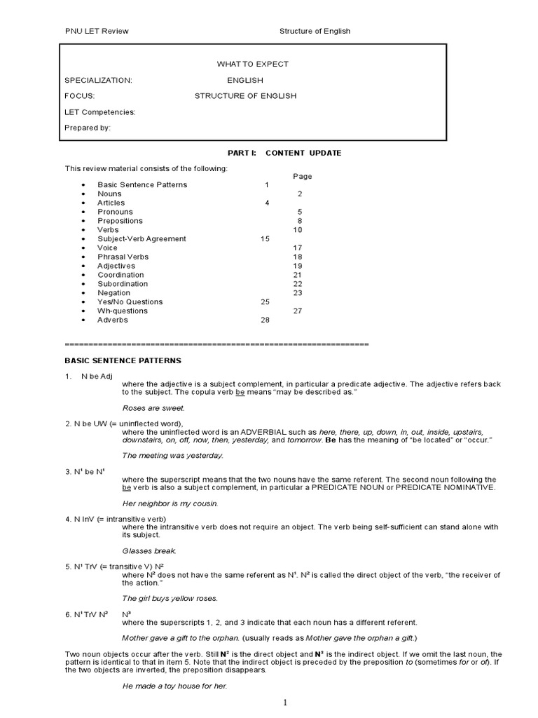 PNU LET Review: Structure of English | PDF | Grammatical Gender | Verb