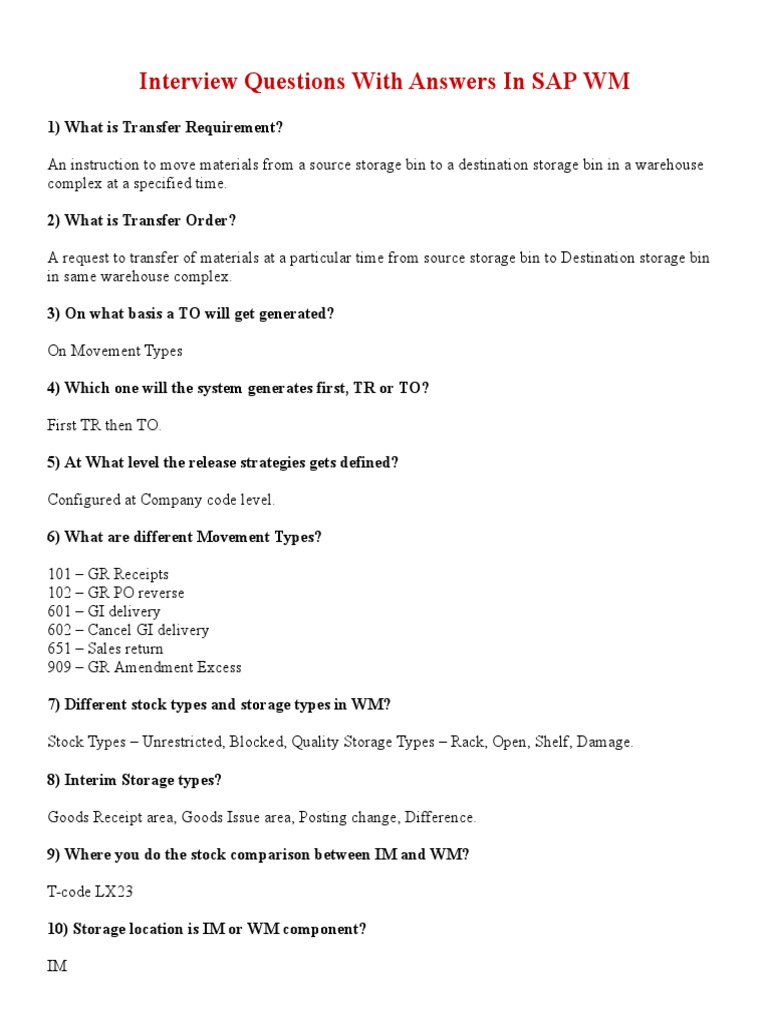 Interview Questions With Answers in SAP WM | PDF | Warehouse | Logistics