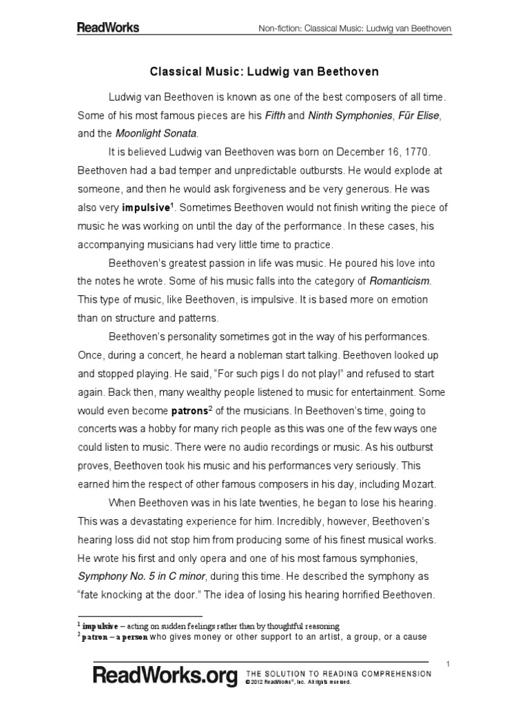 Classical Music Ludwig Van Beethoven 860 Passage and Questions 0 | PDF ...