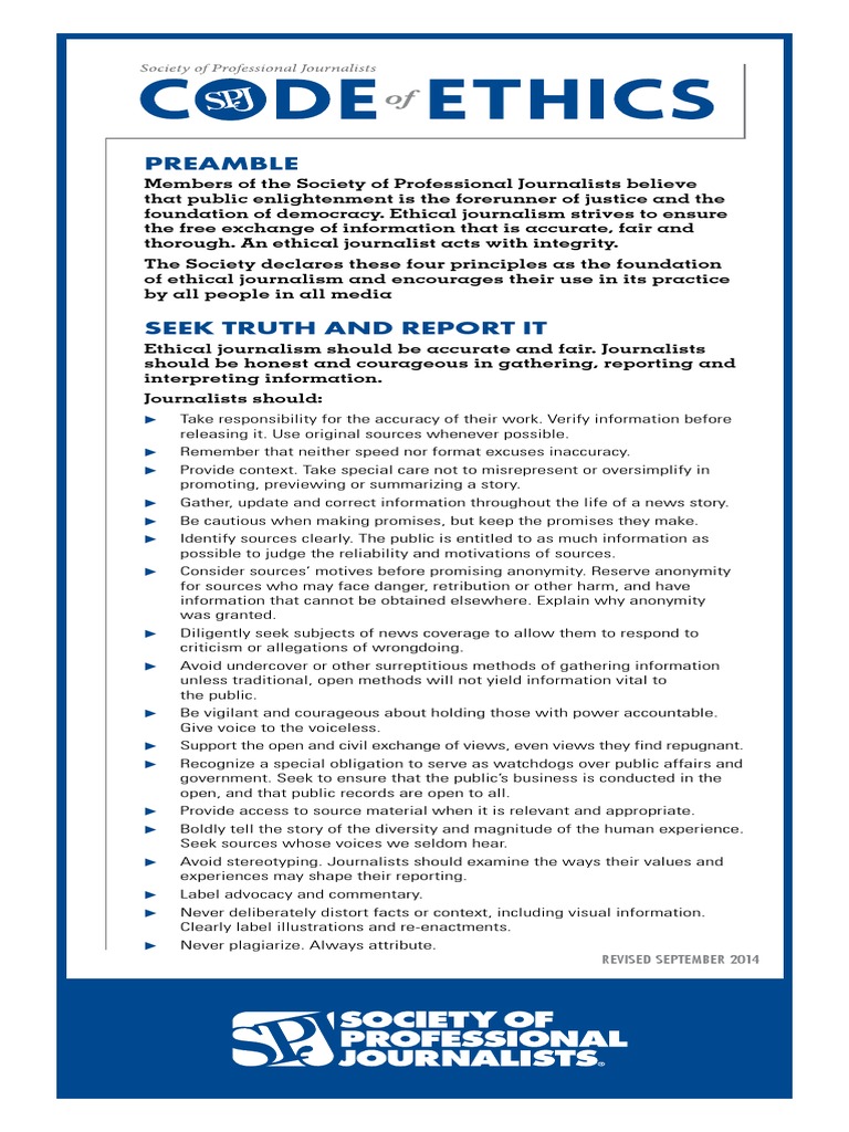 SPJ Code of Ethics Bookmark | PDF | Journalism | Public Sphere