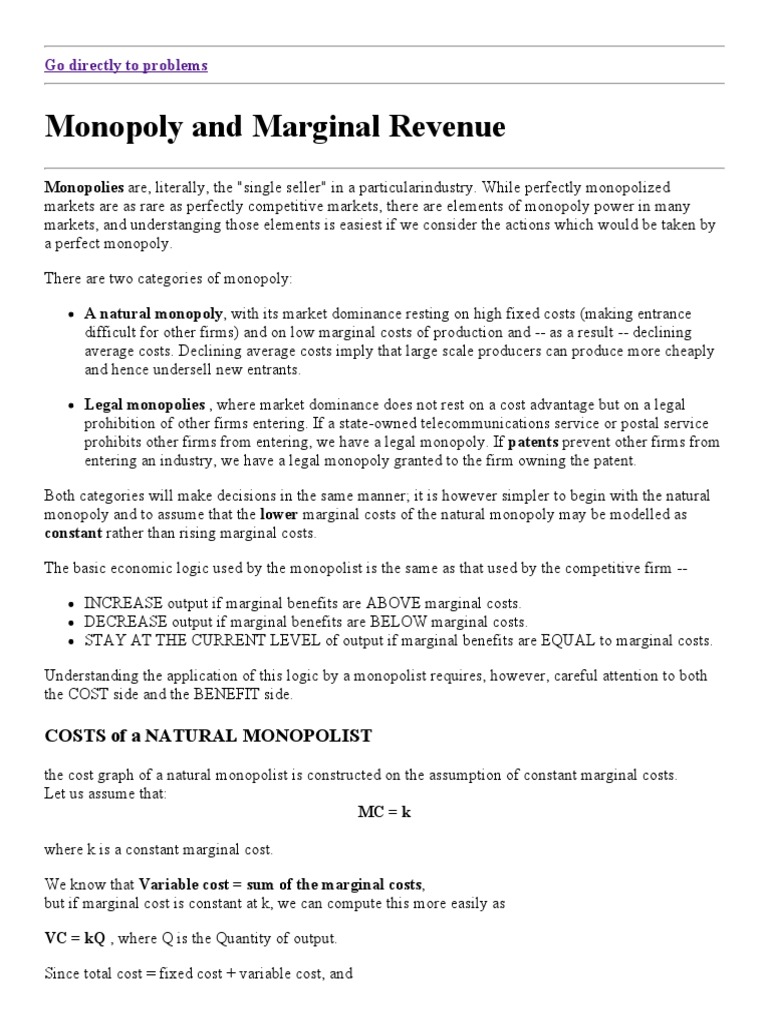 Monopoly and Marginal Revenue: Go Directly To Problems | PDF | Monopoly ...