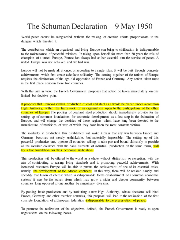 The Schuman Declaration – 9 May 1950 | Economies | Government