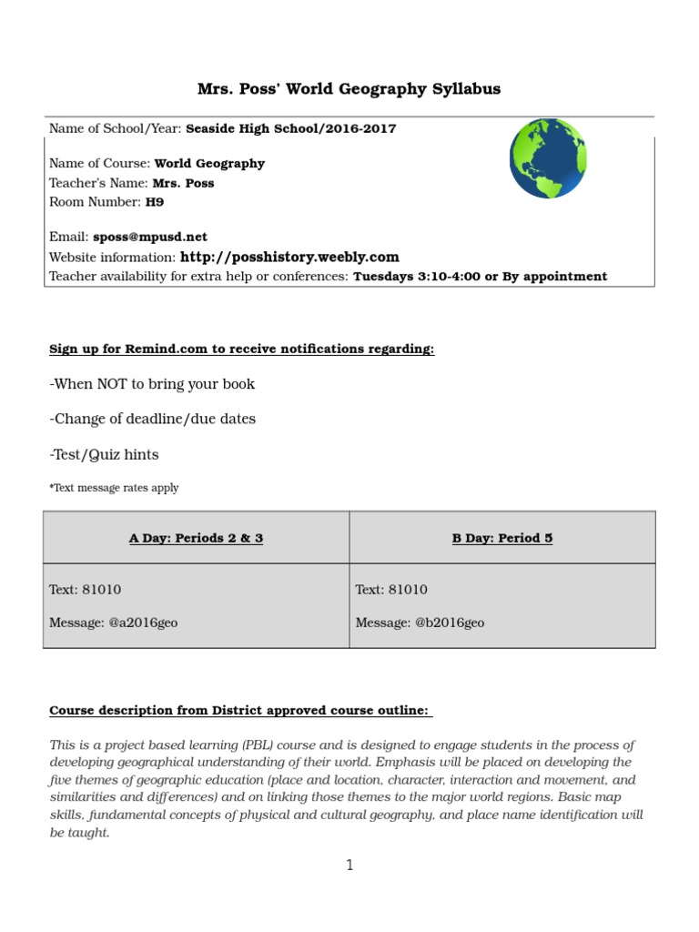 Mrs. Poss' World Geography Syllabus | PDF | Geography | Evaluation