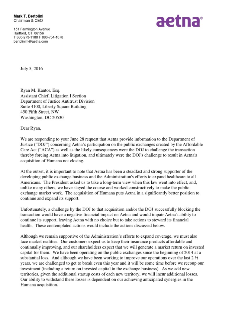 Aetna DoJ Letter | PDF