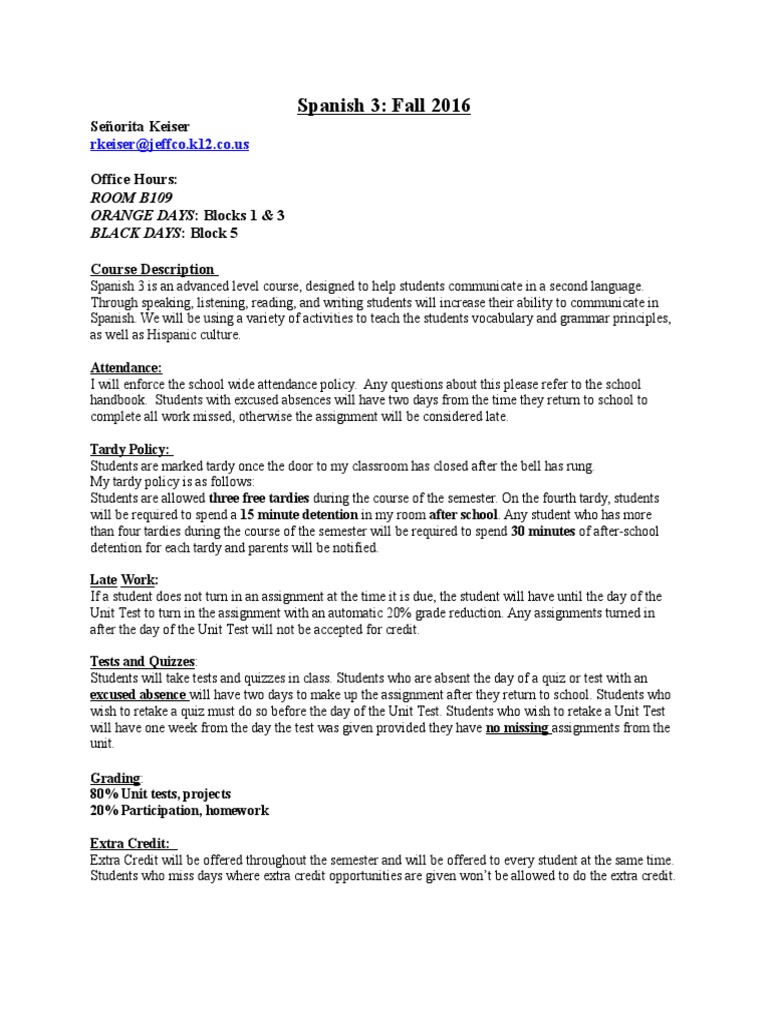 Spanish 3 Syllabus | PDF | Career & Growth