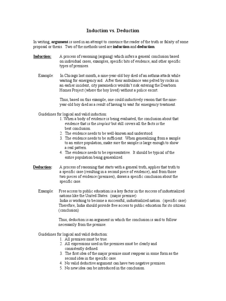 Induction vs. Deduction: A Comparison of Two Argument Methods | PDF