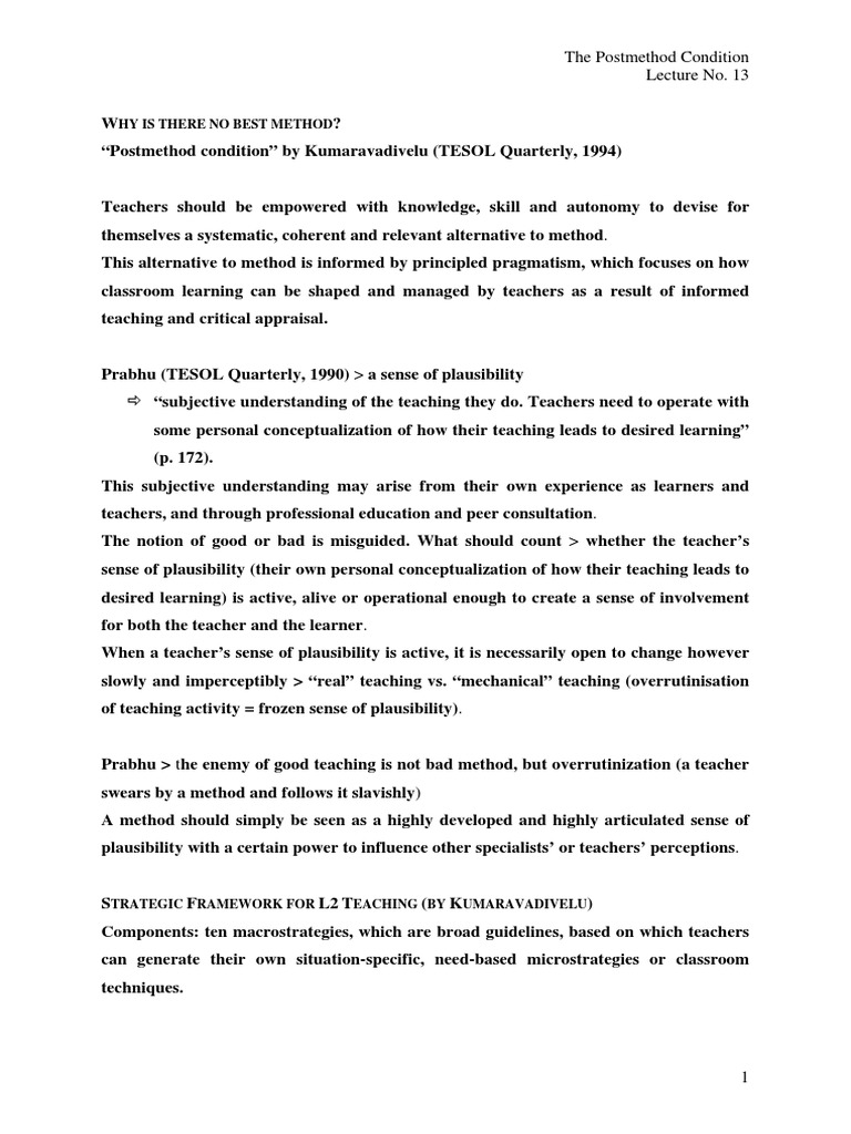 The Postmethod Condition Lecture No. 13: Hy Is There No Best Method ...